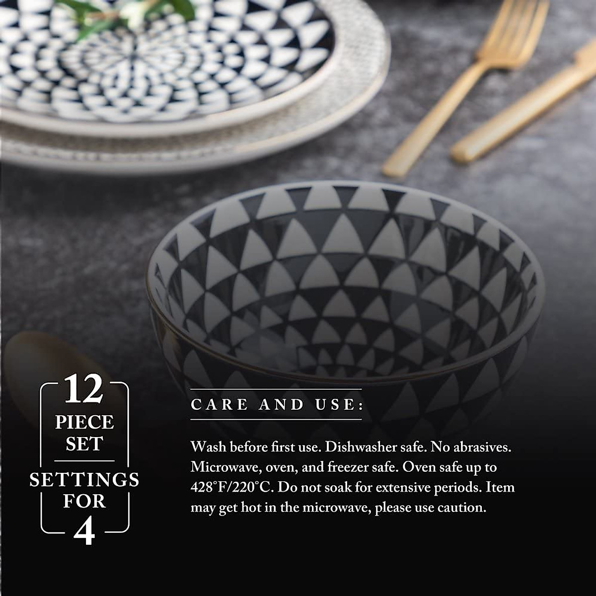 GtPet Dinnerware Black & White Medallion Stoneware, 12 Piece Set