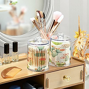 Blueangle 2PCS Cactus Flower Qtip Holder Dispenser with Lids - Apothecary Jar Containers for Vanity Organizer Storage - Plastic Food Storage Canisters（533）