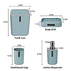 IMAVO Bathroom Accessory Set,4-Piece Bathroom Decor Set,Soap Dish,Soap Dispenser,Toothbrush Cup,Mini Trash Can with Lid,Bathroom Accessories Set Complete with Small Desktop Trash Can(Blue)