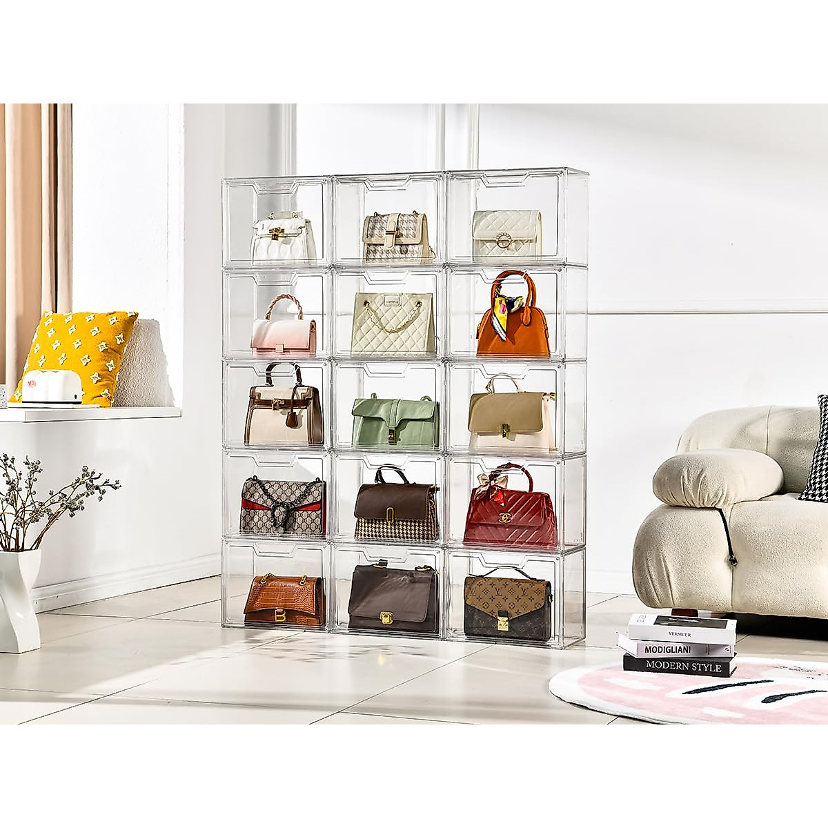 Stebopum Purse Organizer for Closet,Clear Acrylic Display Case for Handbag Organizer, Purse Storage Box with Magnetic Door, Plastic Storage Bins for Book, Collectibles, Cosmetic (5 Pack)