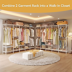 Higeego H5 Extra Large Heavy Duty Clothes Rack, Wire Garment Rack,Large Wardrobe Closet, Freestanding Closet Rack for Hanging Clothes, Clothing Rack with Adjustable Shelf, 93.3" Lx15.7 Wx75.4 H,White