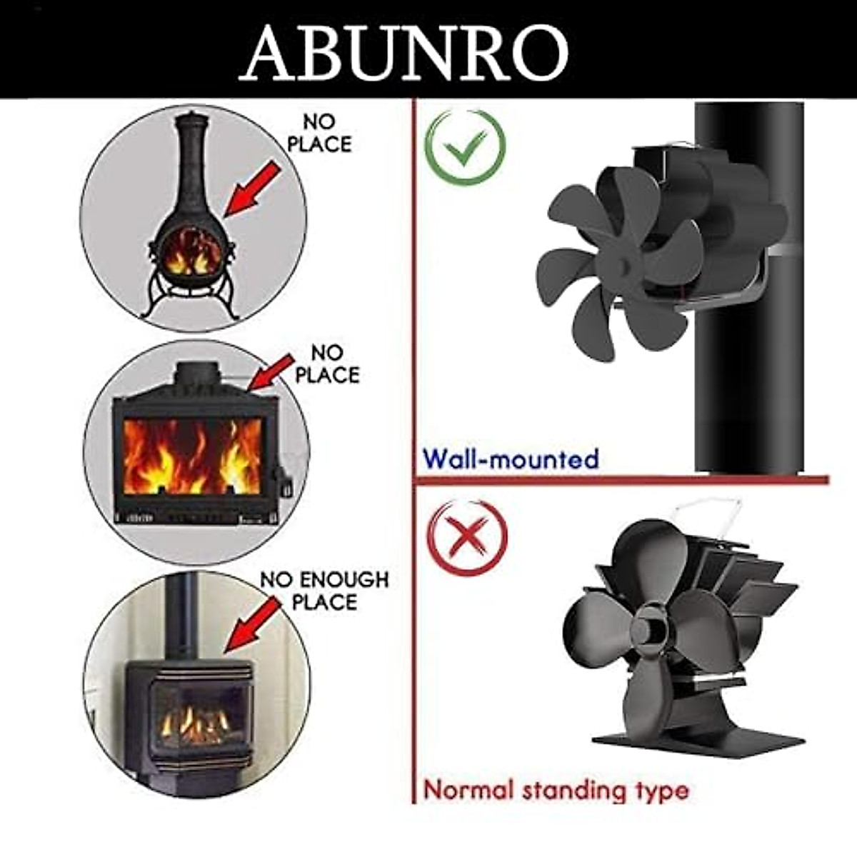 ABUNRO 6-Blades Wood Stove Fan with Hose Clamp, Pipe Heat Powered Stove Fans for Log/Wood/Pellet Buring stoves, Save Fuel&Efficient Heat Transfe