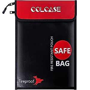 COLCASE Upgraded 2 Pockets Fireproof Document Bag (2000 ℉)15 x 11 Inches Silicone Coated Fireproof and Waterproof Money Bag Fireproof Safe Storage for Money, Documents, Jewelry and Passport