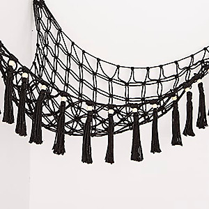 MAKEONEWO Stuffed Animal Toy Hammock Hanging- Macrame Toy Hammock with Tassels-Stuff Animals Organizer Storage Boho Large Corner Plush Toys Net Holder for Nursery, Play Room, Kids Bedroom (Black), 1 Pack