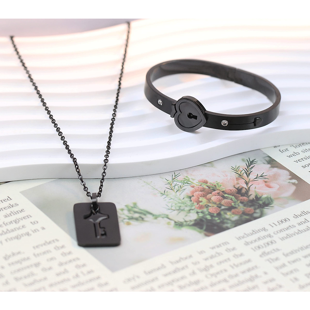 MYNENEY Personalized Lock Bracelet and Key Necklace Set Couples Jewelry - Inspirational Message Engraved His and Hers Stainless Steel Meaningful Chain Bracelet for Women Men (Black)