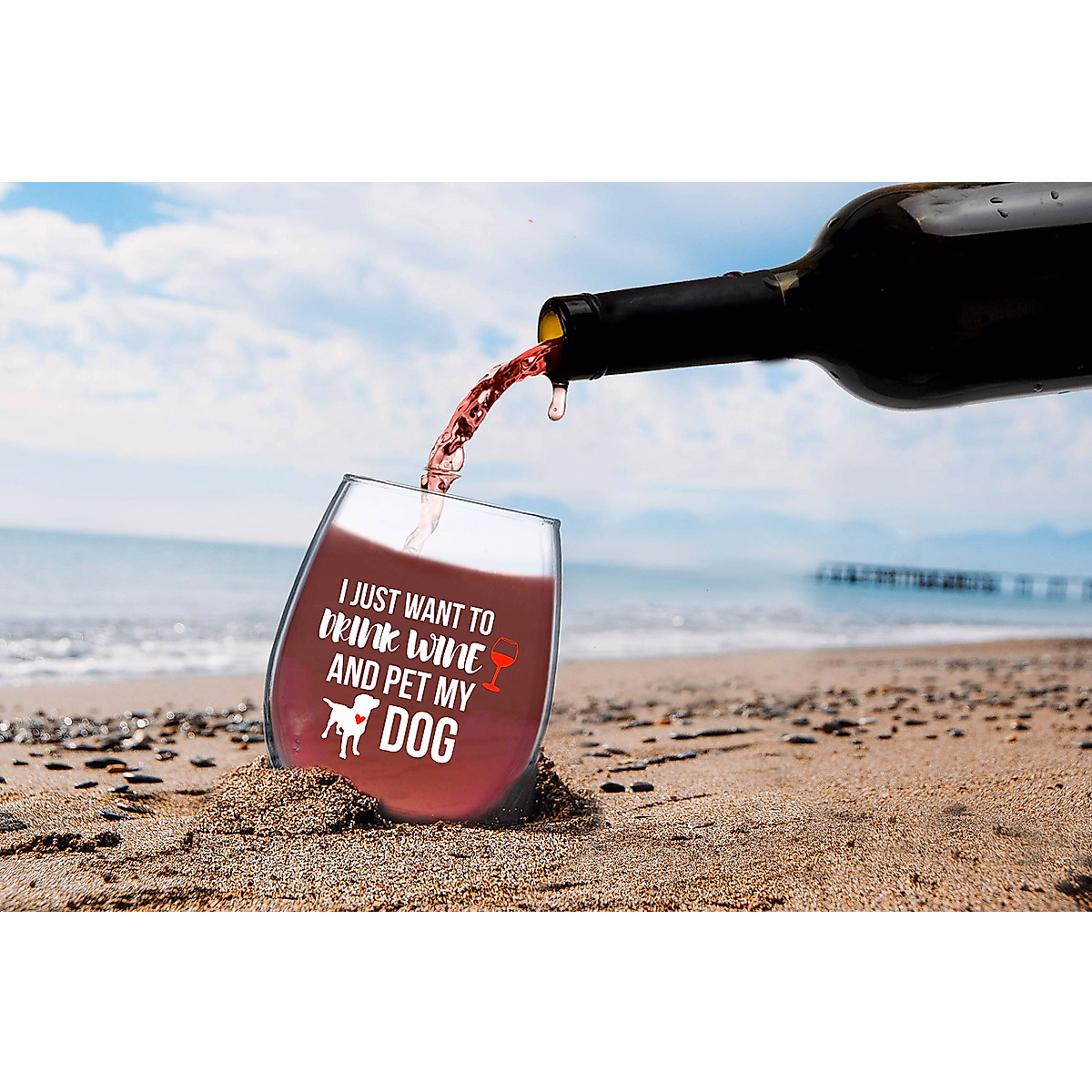 Funnwear I Just Want to Drink Wine And Pet My Dog - 15oz Funny Stemless Crystal Wine Glass Dog Mom - Pet Lover Rescue Mama