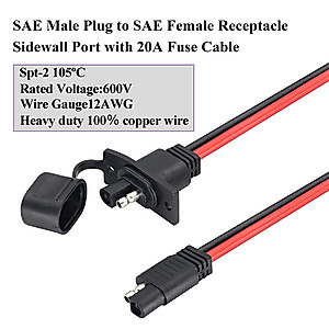 AAOTOKK SAE to SAE Solar Power Outlet Sidewall Port Cable,12AWG Weatherproof SAE Quick Connect Solar Panel Mount Universal Recessed with 20A Fuse Cable for Generator Battery Charger(1.5M/5ft-1Pack)