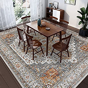 Area Rugs for Living Room: 8x10 Rug for Bedroom Machine Washable with Non Slip Backing Non Shedding, Boho Medallion Floral Large Carpet for Dining Room Nursery Home Office Indoor Decor Grey/Gold