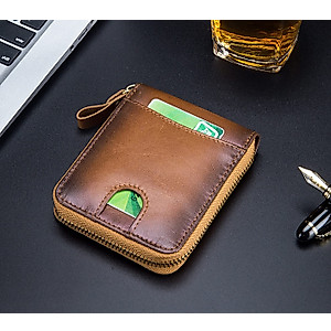 BULLCAPTAIN Mens Genuine Leather Zipper Wallet RFID Blocking Bifold Secure Zip Around Wallets Multi Credit Card Holder Purse (Handmade brown)