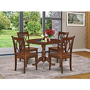East West Furniture DMCL5-MAH-W 5 Piece Kitchen Table & Chairs Set Includes a Round Dining Table with Dropleaf and 4 Dining Room Chairs, 42x42 Inch, Mahogany