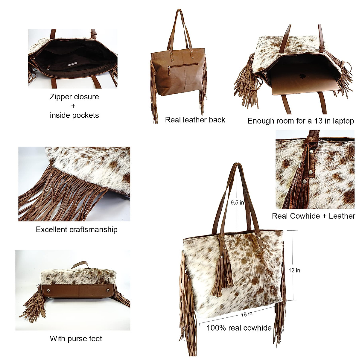 bonanza leathers Cowhide Shoulder Bag - Stylish Western Fringe Purse w/Zipper Closure - Durable Western Tote Bag & Leather Bag for Daily Use - Western Purse w/Unique Cowhide Pattern - Chocolate