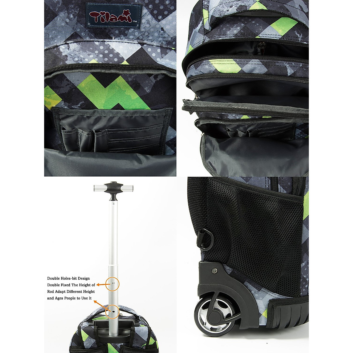 Tilami Rolling Backpack Armor Luggage School Travel Book Laptop 18 Inch Multifunction Wheeled Backpack for Kids and Students