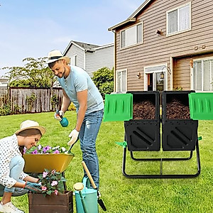TRY & DO Outdoor Dual Chamber Compost Tumbler – Large Garden Tumbling Composter with 2 Sliding Doors and Lockable Brake - Rotating Compost Bin - 34.4 Gallon (2-17.2 Gal)