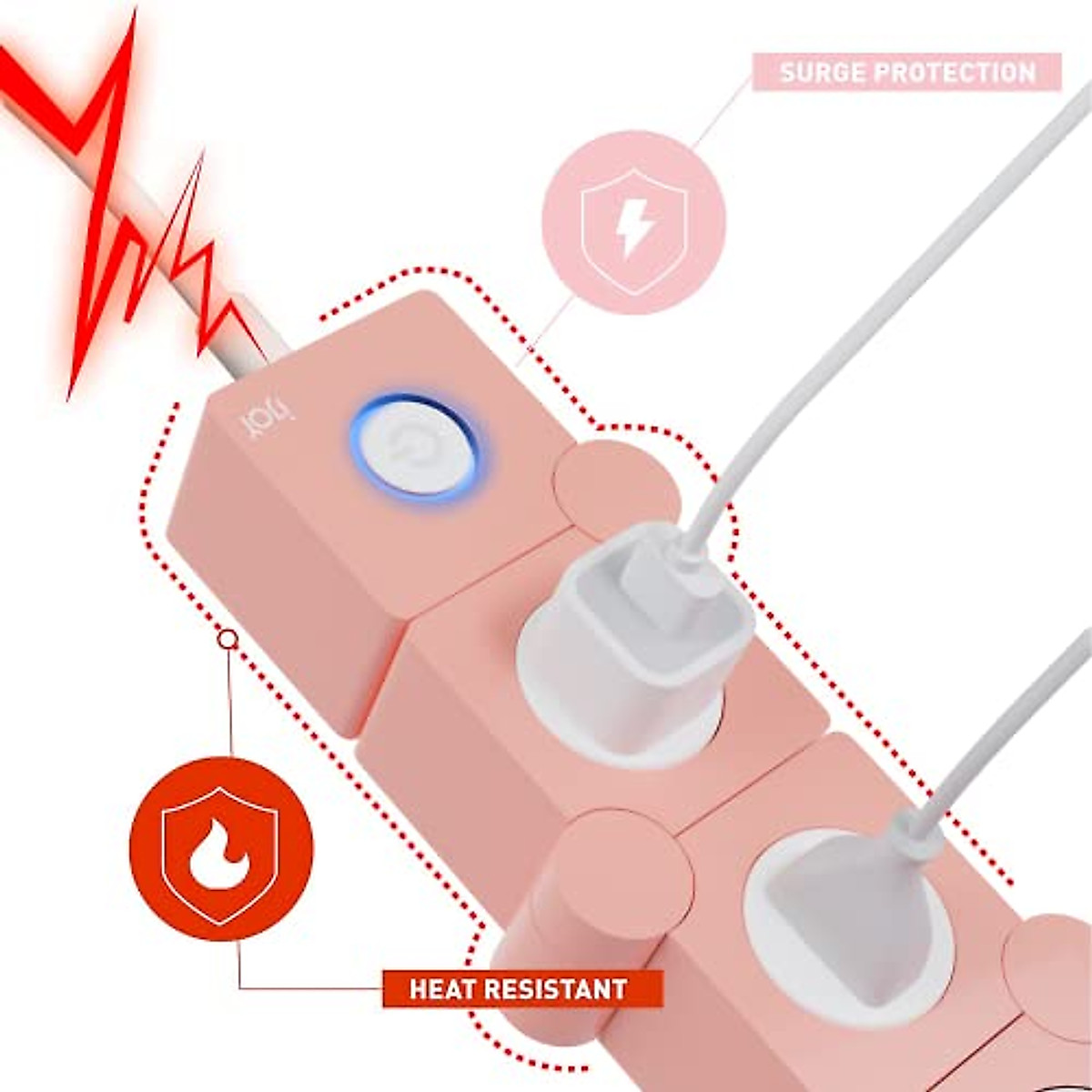 iJoy Flexible Power Strip- 3 AC Outlets and 2 USB Charging Ports with 5 Ft Extension Cord- 1250W/125V Decorative Surge Protector Outlet Extender for Home Office, Dorm, Room and More (Pink)