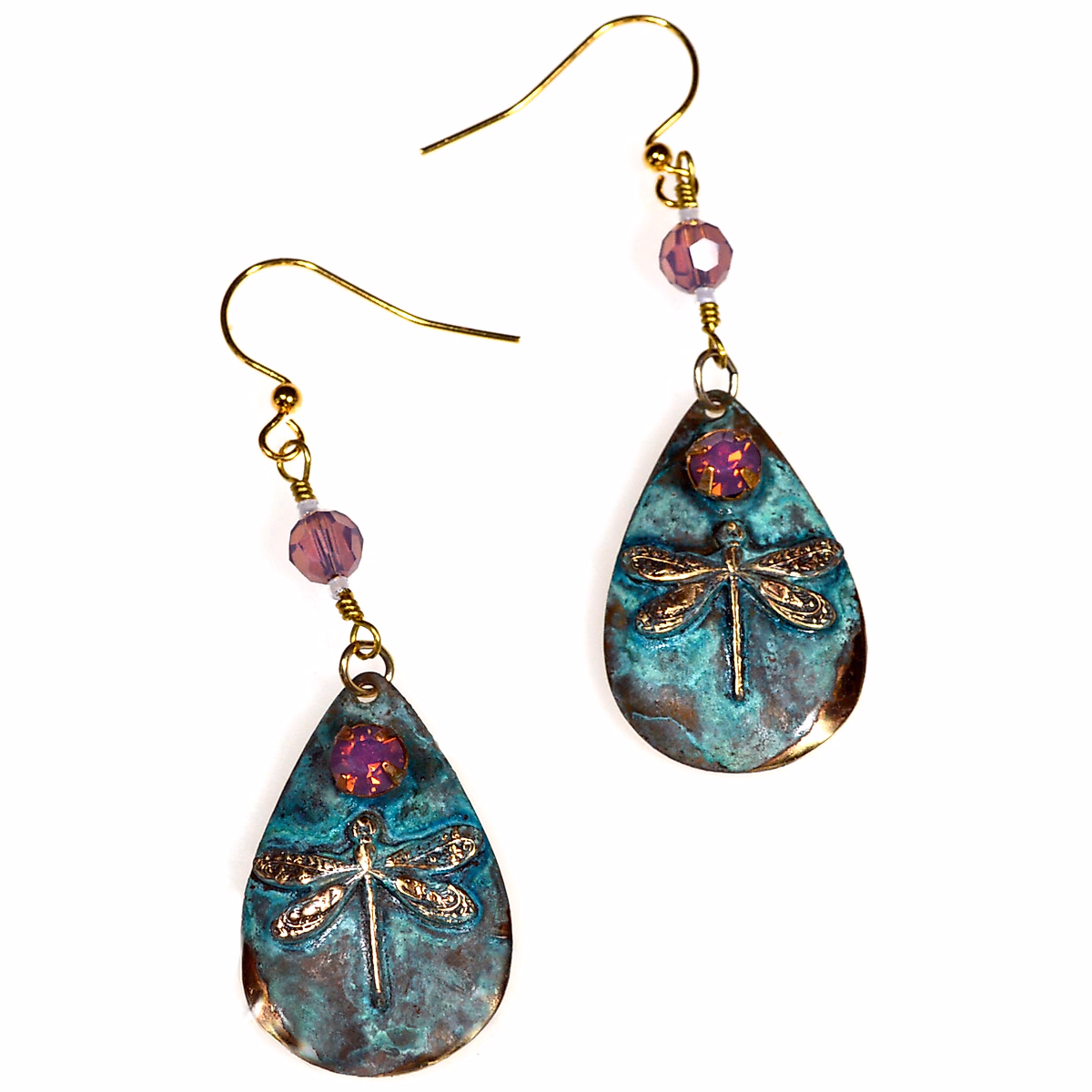 Elaine Coyne Patina Wearable Art Dragonfly Teardrop Dangle Earrings - Violette Opal Authentic Crystals