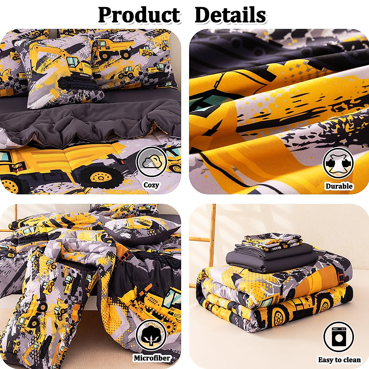 ASKOTU Truck Twin Bedding Set for Boys, 6 Pcs Kids Construction Truck Comforter Sets with Sheets, Construction Excavator Twin Boys Bedding Sets