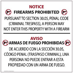 ComplianceSigns.com Texas 30.05 A Person May Not Enter with a Firearm Bilingual, Aluminum, 24" x 24"