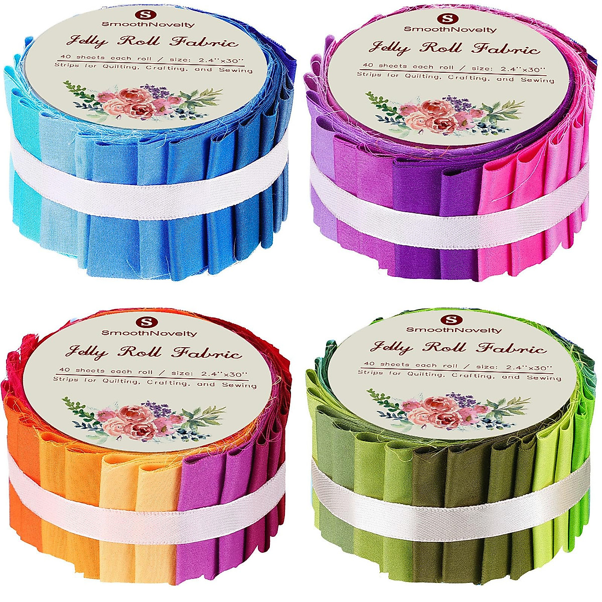 SmoothNovelty 160 Pcs 4 Roll Fabric Strips Assorted Quilting Fabric for Quilting Crafting and Sewing Rolled Cotton for Crafts Blanket Rug Upholstery and Purse Making (Solid)