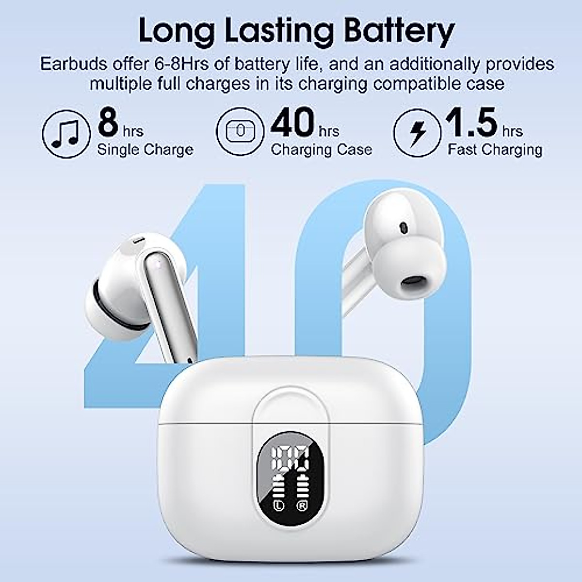 Wireless Earbuds, 2023 Bluetooth Headphones 5.3 HiFi Stereo Earphones, 40H Playtime in-Ear Earbud, Bluetooth Earbud with LED Power Display, IP7 Waterproof Earphones Sport Headset for Android iOS