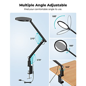 Viozon LED Desk Lamp with Clamp, Swing Arm,7'',Eye-Caring,Dimmable 3 Color Modes & 5 Brightness,Height,Angle Adjustable, Aluminum Alloy, USB Charging&Memory Function for Home Office,Read,Work,Study