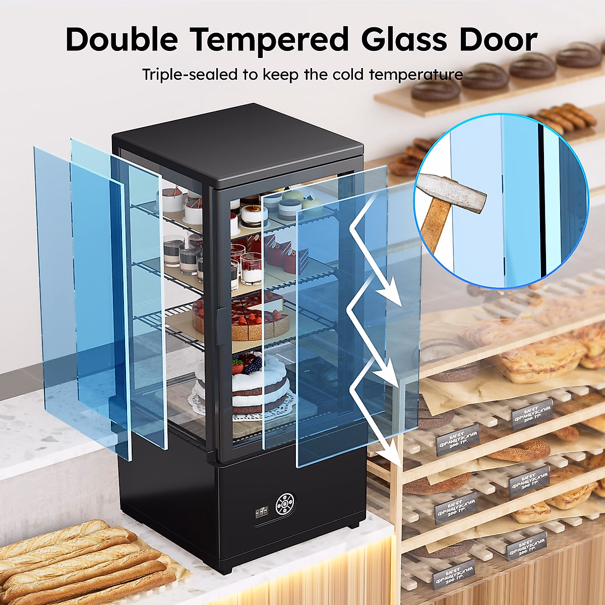 Commercial Display Cake Refrigerator, 3Cu. FT (86 L) Commercial Refrigerator Display Case, Double-Layered Glass Display Cake Fridge with Interior LED Lighting, Ideal for Home, Store and Cafe, Bakery