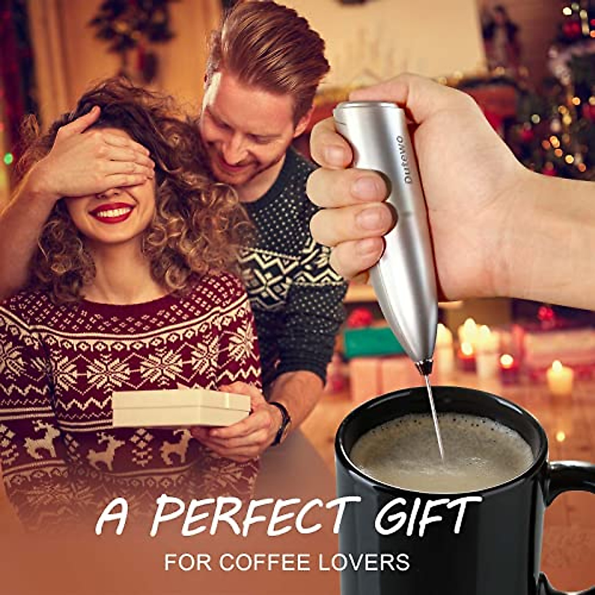 Hand Mixer Milk Frother for Coffee - Coffee Bar Accessories, Dutewo Frother Handheld Foam Maker for Lattes, Electric whisk Drink Mixer for Coffee, Mini coffee stirrer for Frappe Hot Chocolate (Silver)