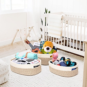 HLWDFLZ 7 Piece Cotton Rope Woven Basket Set - Woven Storage Basket Pets Toy Cotton Rope Basket for Organizing, Small Basket for Montessori, Dog Cat Toy Box, Baby Nursery (Off White/Brown)