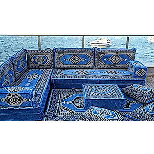 Blue Premium Arabic Seating, Handmade Floor Couches, Sectional Sofas, Turkish Floor Sofas, Moroccan Livingroom Sofas, Arabic Majlis, Sofa Slipcovers, Living Room Furniture (L Sofa Full Set)