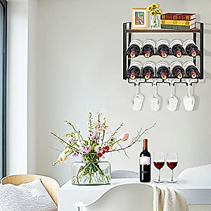 AUHOKY Industrial Wine Rack Wall Mounted Glasses Holder, 3-Tiers Metal Hanging Storage Display Shelf with Wine Bottles Glass Goblet Rack, Floating Shelves for Living Room Kitchen Home Decoration