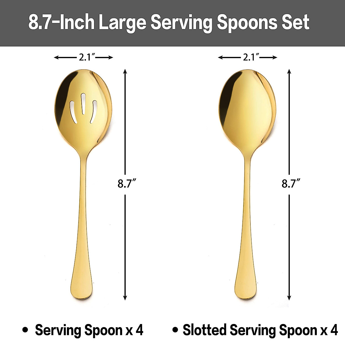 LIANYU 8 Pack Gold Serving Spoons, Gold Slotted Serving Spoons, 8 3/4 Inch Stainless Steel Serving Utensils Spoon Set for Banquet Catering Buffet Dinner Restaurant Party