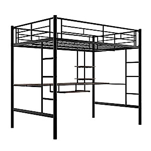 GLORHOME Full Size Metal High Loft Bed with Under-Bed Long Desk & Storage Shelves Ladder Safety Guard Rails, Space Saving Bedroom Furniture for Kids Teens Adults, Black