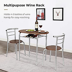 VINGLI 3 Piece Dining Set,Small Kitchen Table Set for 2,Breakfast Table Set,Kitchen Wooden Table and 2 Chairs for Small Space/Dining Room/Apartment,Metal Frame,Wine Rack,Sliver&Brown