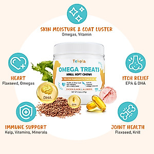 180 Chews Omega 3 for Dogs & Cats - with Krill - Skin and Coat Supplement - Dry & Itchy Skin Relief - Allergy Relief - Shiny Coats - No Shedding - EPA & DHA, Vitamins and Minerals - Chicken Flavor