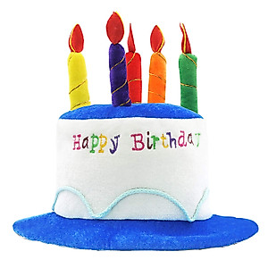 Novelty Place Blue Plush Happy Birthday Cake Hat - Unisex Adult Size Fancy Dress Party Hats - Perfect as Party Favors, Costume Accessories - Cake & 5 Multicolor Candles
