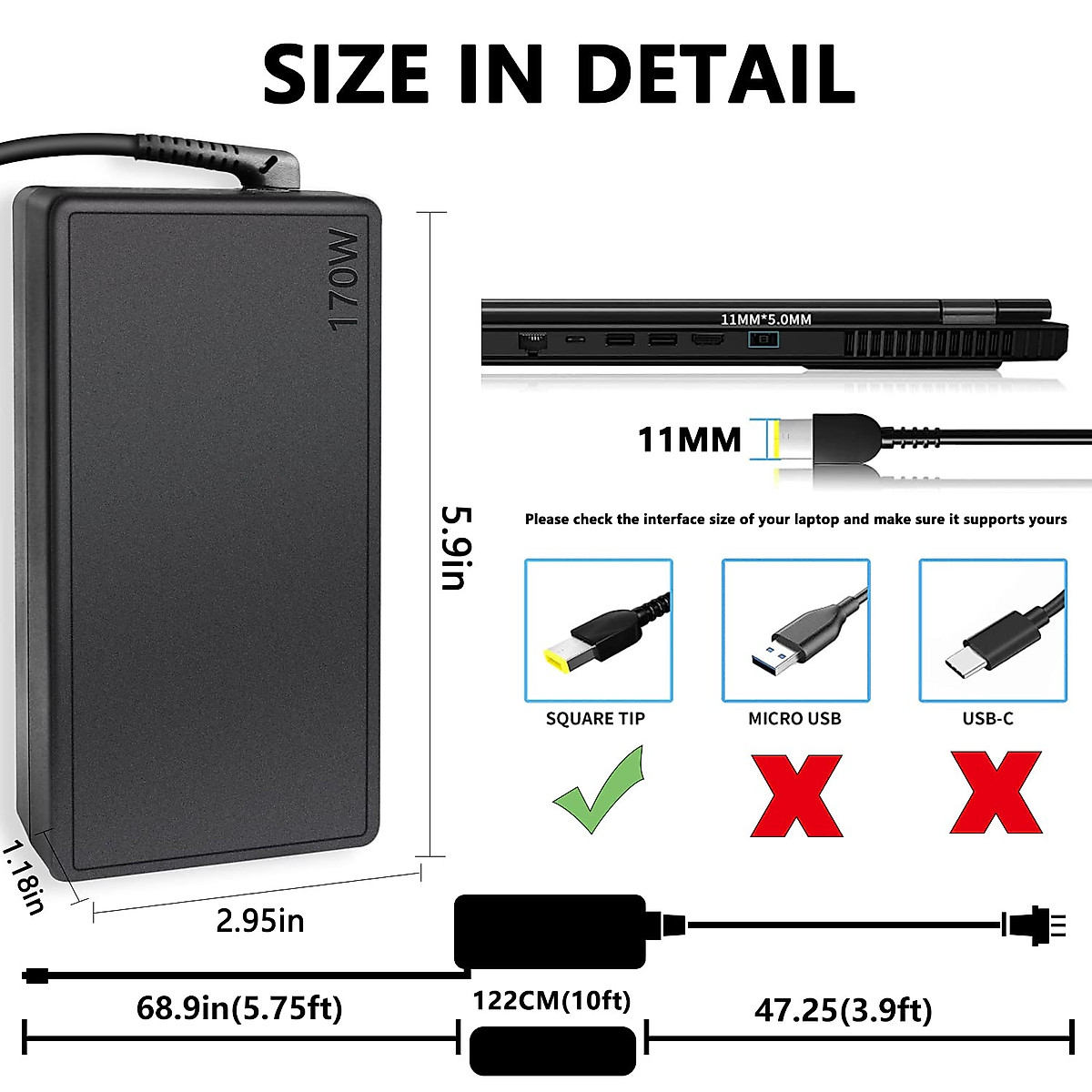 170W Laptop Charger for Lenovo ThinkPad P50 P51 P52 P53 P70 P71 P73 W540 W541 T540P Legion Y520 Y530 Y720 Y730 ADL170NLC2A ADL170NLC3A ANTWELON Square Tip 20V 8.5A AC Adapter Power Supply Cord