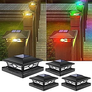 APONUO Solar Post Cap Lights Outdoor, 8 Fixed Colors Lighting/RGB Breath Mode, Fence Post Lights Solar Powered for Patio/Deck/Garden Decor Post Caps 4x4,6x6 Wooden/Vinyl Posts (Black, 4 Packs)
