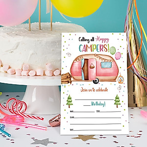 UDNADKEX Camping Birthday Invitations for Girls with Envelopes, Invites for Birthday Party Happy Camper, Glamping Camp Party Birthday Invitations Cards, Calling All Happy Campers, 4"x6" Set of 20
