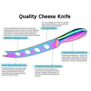 WELLSTAR Cheese Knife, Serrated Tomato Knife 5 Inch Sharp High Carbon Stainless Steel Blade for Cutting All Cheese Types - Rainbow