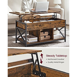 VASAGLE Lift Top Coffee Table for Living Room, Industrial Coffee Table with Hidden Compartments and Storage Shelf, Steel Frame, Rustic Brown and Black