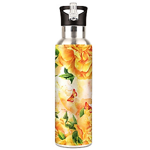 Yellow Rose Water Bottle Watercolor Reusable Leak-Proof Insulated Water Bottle BPA Free Stainless Steel Sport Water Bottle with Straw for Fitness Outdoor Hiking School 600ml