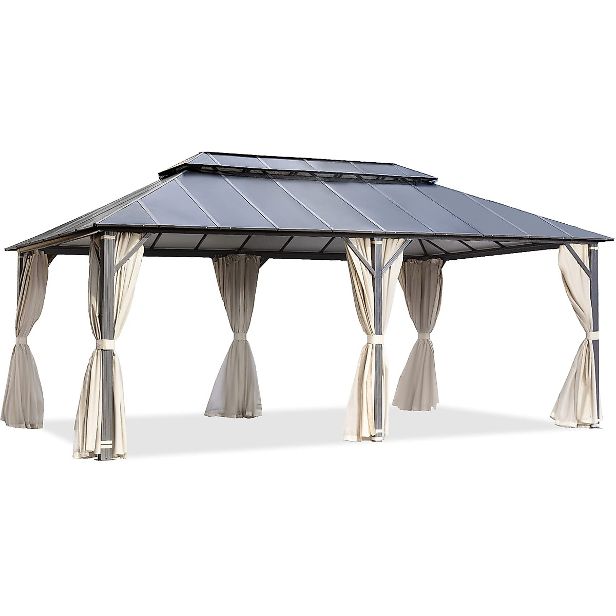 EROMMY 12'x20' Gazebo Double Aluminum Composite Roof Permanent Pavilion Gazebo Outdoor Hardtop Aluminum Frame Canopy with Curtains and Netting for Backyard Patio Lawn Garden