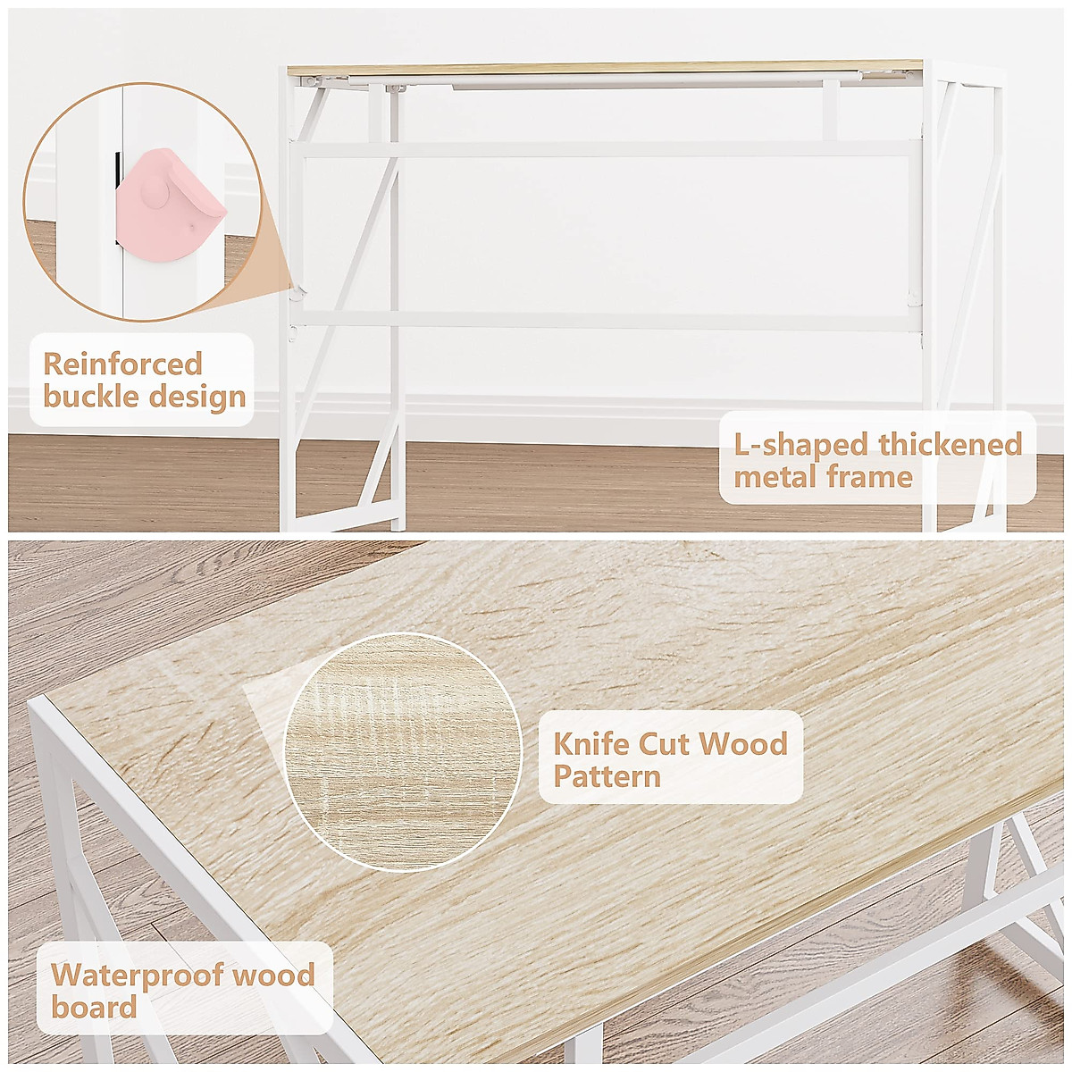Elephance Folding Desk Writing Computer Desk for Home Office, No-Assembly Study Office Desk Foldable Table for Small Spaces