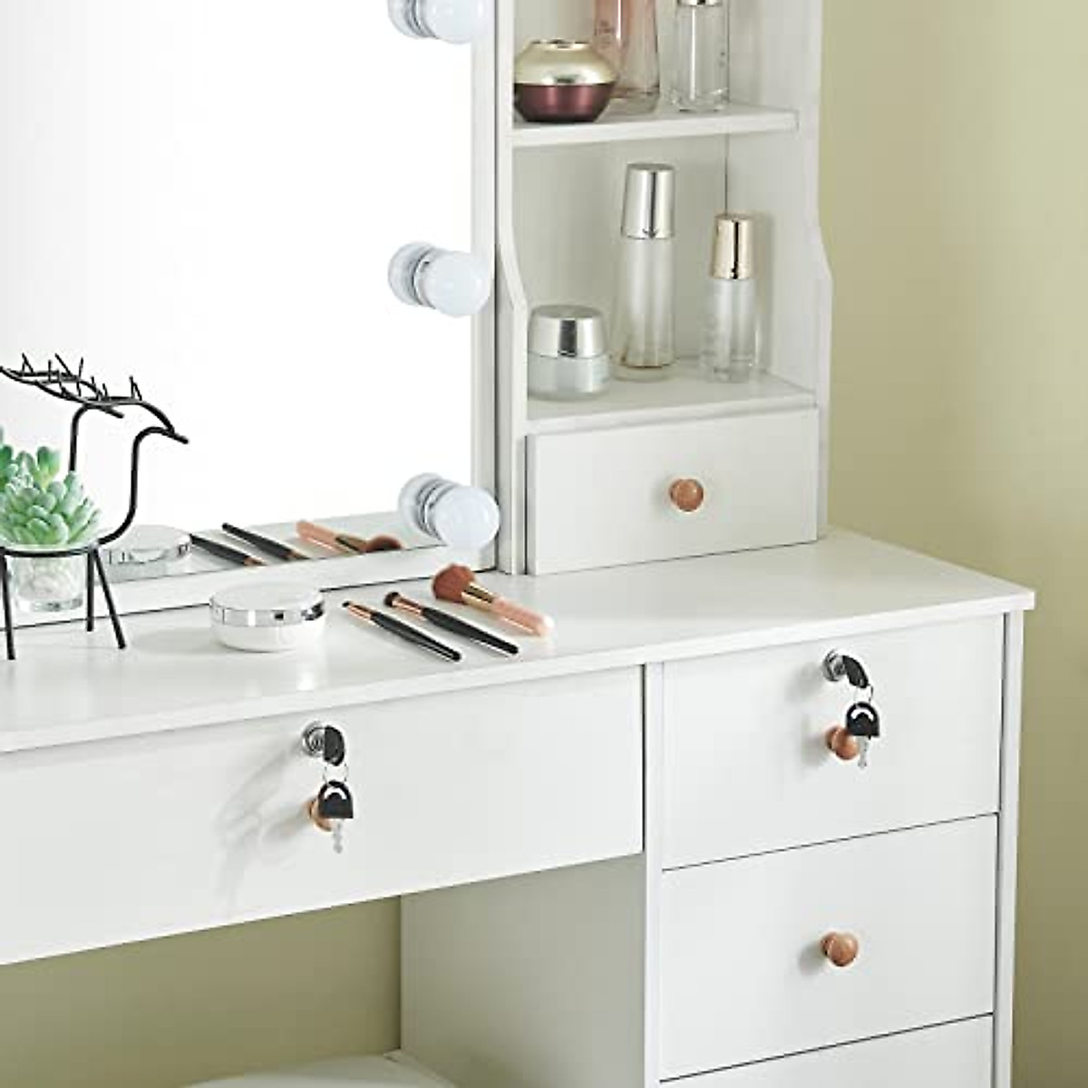 tojump Makeup Vanity Table with LED Lighted Mirror, White Vanity Desk with Drawers & Cabinet, Bedroom Makeup Dressing Table with Cushioned Stool (Modern N)