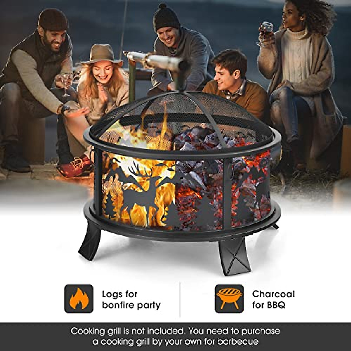 Giantex Wood Burning Fire Pit, 26 Inch Outdoor Firepit for Backyard, Garden and Patio Bonfires with Spark Screen, Poker and Built-in Wood Grate, Handy Handles, Portable Round Fire Pit
