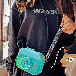 ORIJOYNA 13 oz Cute Water Bottle with Straw - Camera Shape Water Cup with Adjustable Shoulder Straps - Ideal Kawaii Gift for School (Blue)