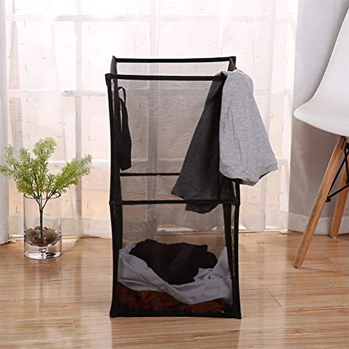 Mesh Popup Laundry Hamper with Handles, Portable & Durable Collapsible Dirty Clothes Mesh Basket Foldable for Washing Storage, Kids Room,College Dorm or Travel (Double -Layer, Black)