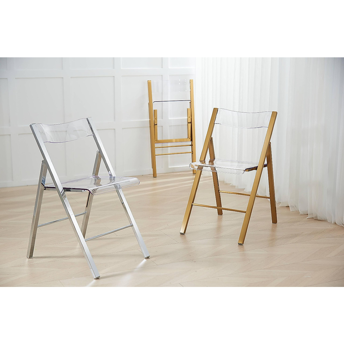 LeisureMod Transparent Acrylic Folding Chair, Lightweight Iron Chrome Base Comfortable Clear Desk Chair, No Assembly Needed (Set of 2) in Brushed Gold