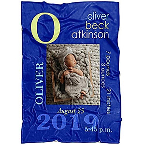 Personalized Baby Photo Newborn Blanket with Birth Information for Girls and Boys. Customized Name Blanket from Baby's Name, BirthDate, Weight. Gift for New Born Baby, New Dad Mom Grandma (Blue)
