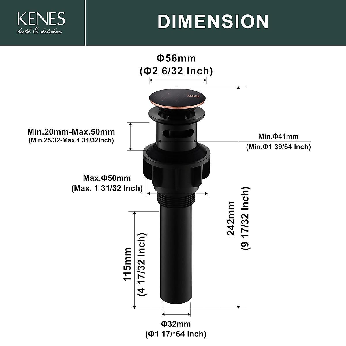 KENES Oil Rubbed Bronze Pop Up Sink Drain, Bathroom Vessel Lavatory Vanity Faucet Sink Drain Stopper, Sink Drain Assembly with Overflow Anti Clog Pop Up Drain