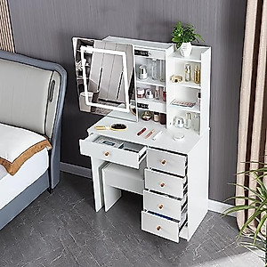 JBLCC Vanity Desk with Mirror and Lights,Makeup Vanity with Sliding Mirror, Makeup Table Set with Storage Shelves, Drawers, Modern Vanity Table for Bedroom (62706led)
